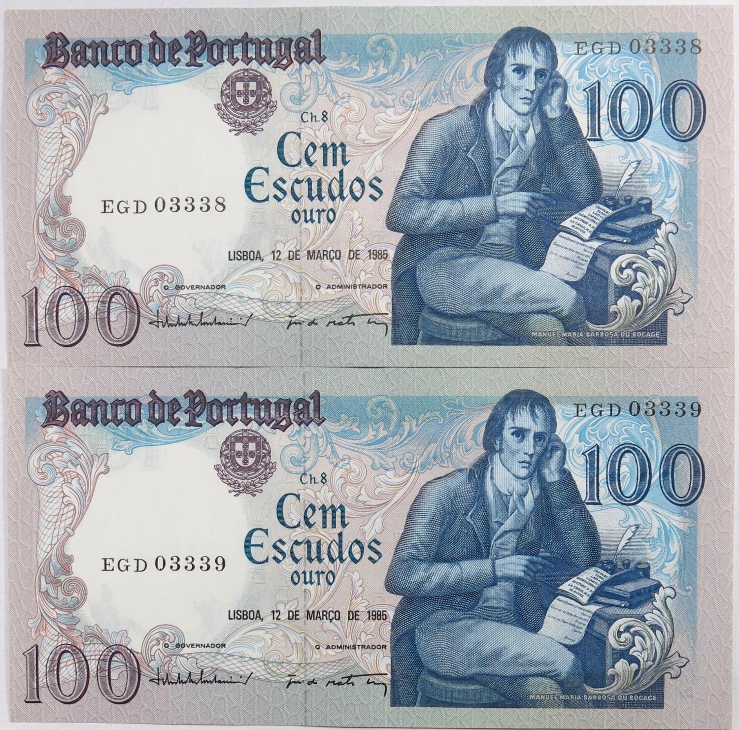 José Almeida Numismática100 Escudos 2 Notas com numeração seguida 1985 ...