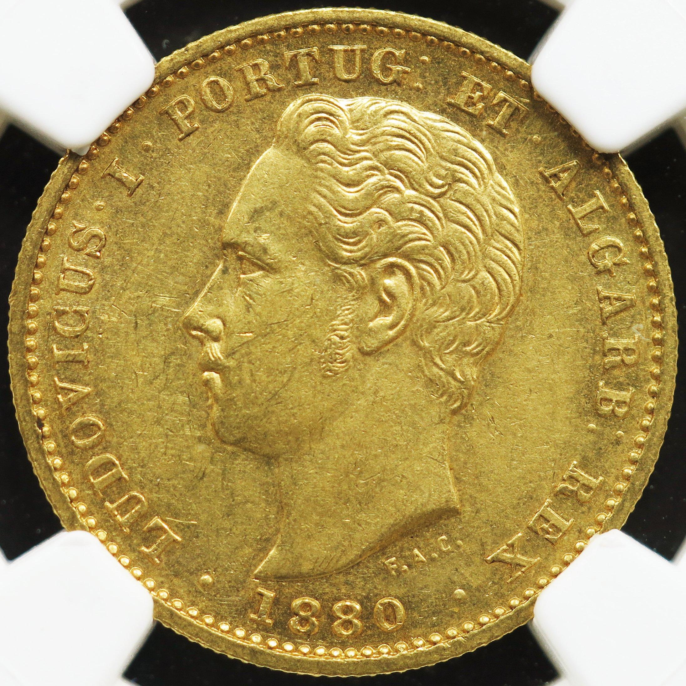 José Almeida NumismáticaD. Luís I 5000 Réis 1880 Ouro NGC AU58 Escassa